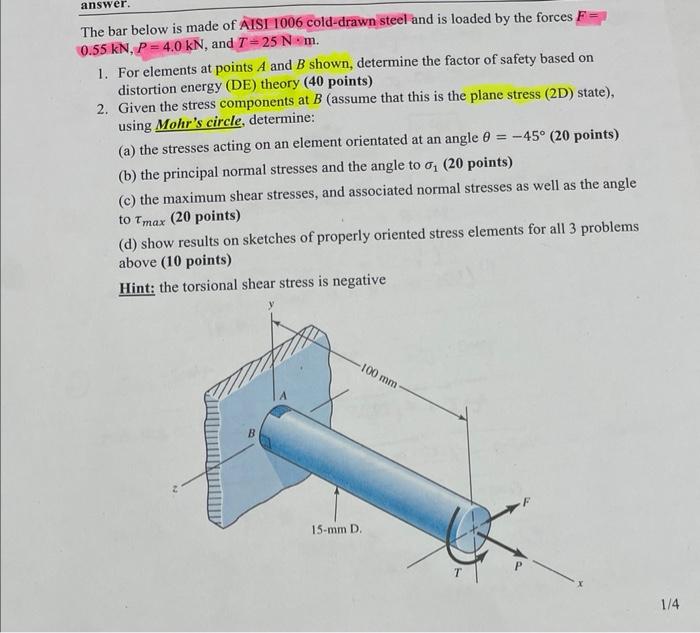 Solved The bar below is made of AISI 1006 cold-drawn steel | Chegg.com