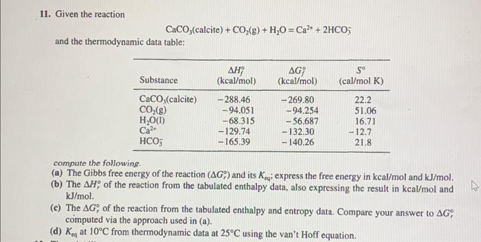 Solved 11. Given the reaction CaCO3 (calcite) +CO2( | Chegg.com