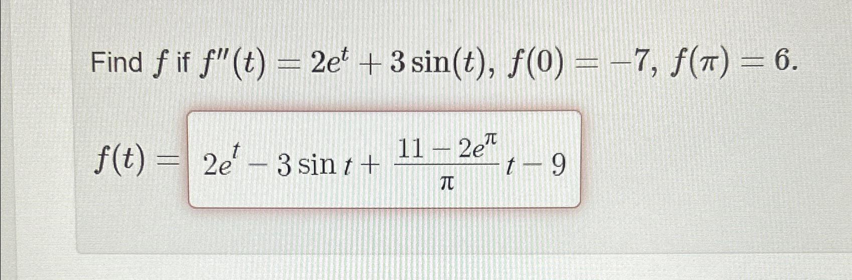 Solved Find f ﻿if f''(t)=2et+3sin(t),f(0)=-7,f(π)=6.f(t)= | Chegg.com