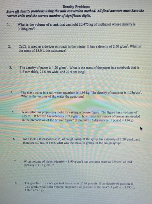 Solved Density Problems Solve all density problems using the | Chegg.com