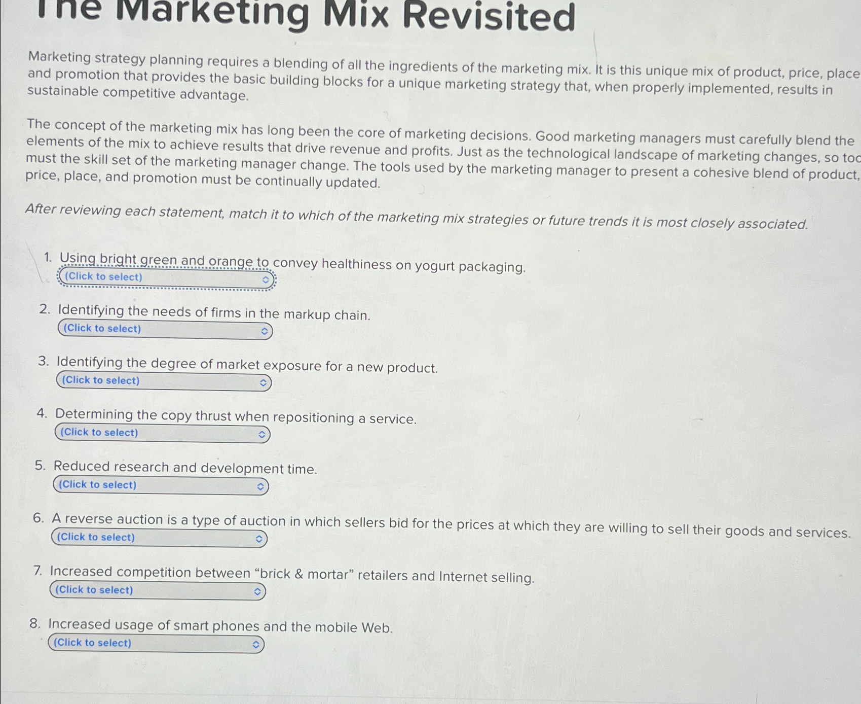 Solved Ine Marketing Mix RevisitedMarketing strategy | Chegg.com