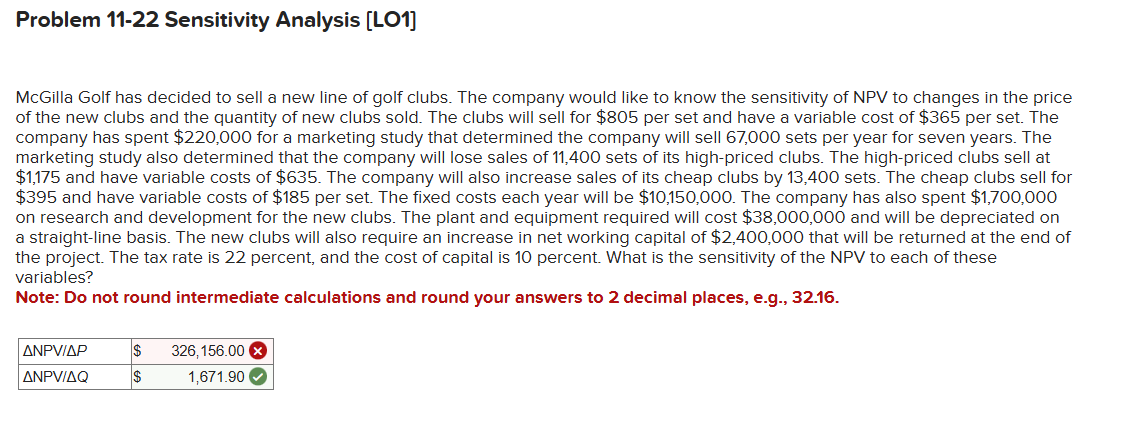 Solved Problem 11-22 ﻿Sensitivity Analysis [LO1] ﻿McGilla | Chegg.com