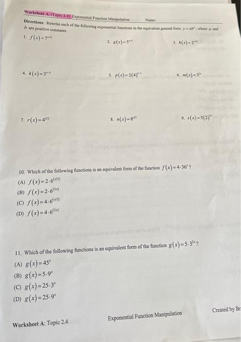 Solved Worksheet A: (Topic 2.4) Exponential Function | Chegg.com Solved Worksheet A: (Topic 2.4) Exponential Function | Chegg.com