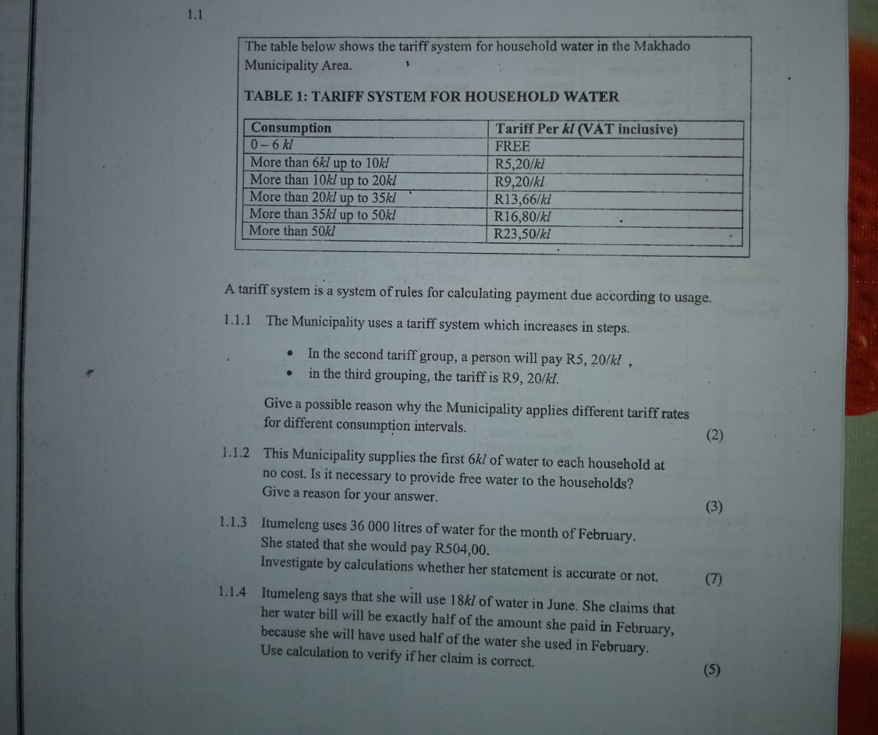 1.1The table below shows the tariff system for | Chegg.com