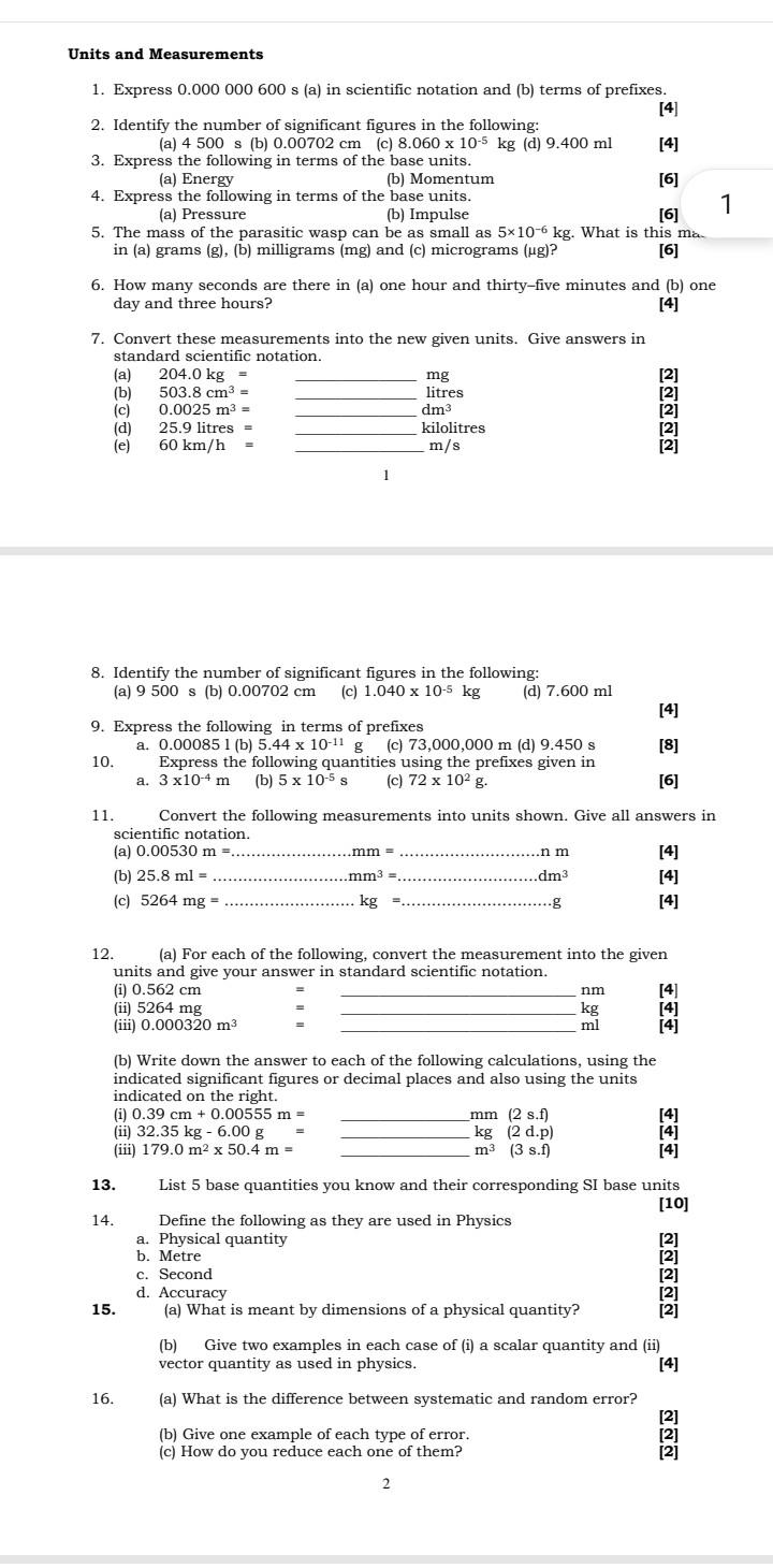 Solved Units and Measurements 1. Express 0.000000600 s(a) in | Chegg.com
