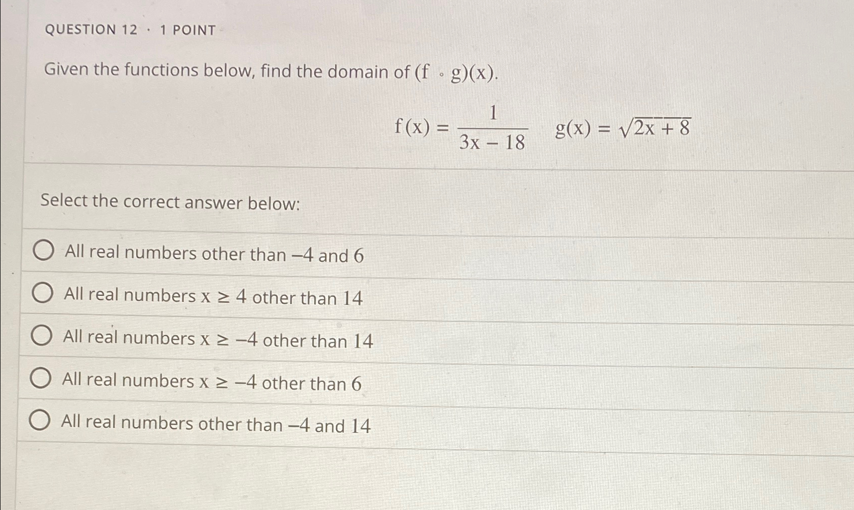 Solved QUESTION 12 - 1 ﻿POINTGiven the functions below, find | Chegg.com