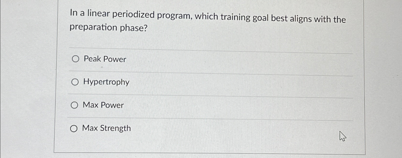 Solved In a linear periodized program, which training goal | Chegg.com