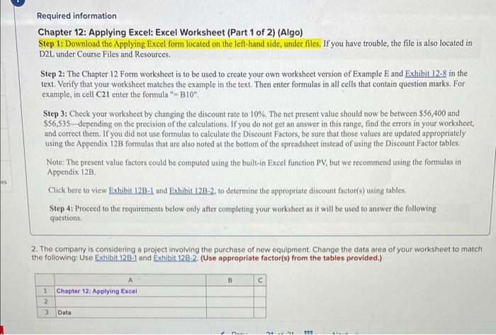 Solved Required information Chapter 12: Applying Excel: | Chegg.com