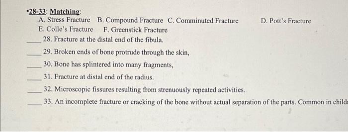 Solved -28-33: Matching A. Stress Fracture B. Compound | Chegg.com