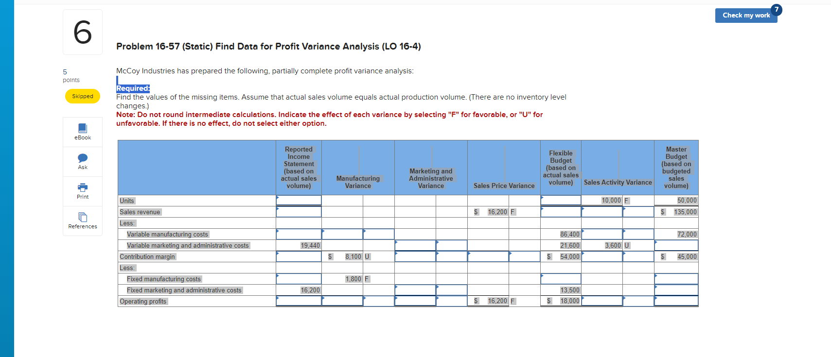 Solved 6Problem 16-57 (Static) ﻿Find Data for Profit | Chegg.com