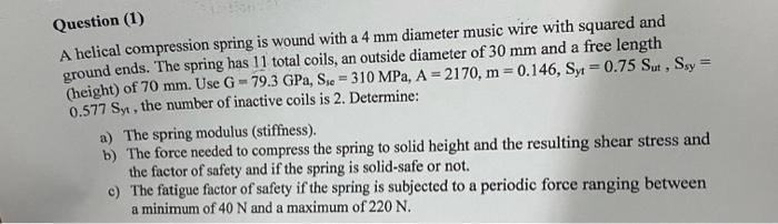 Solved Question (1) A helical compression spring is wound | Chegg.com