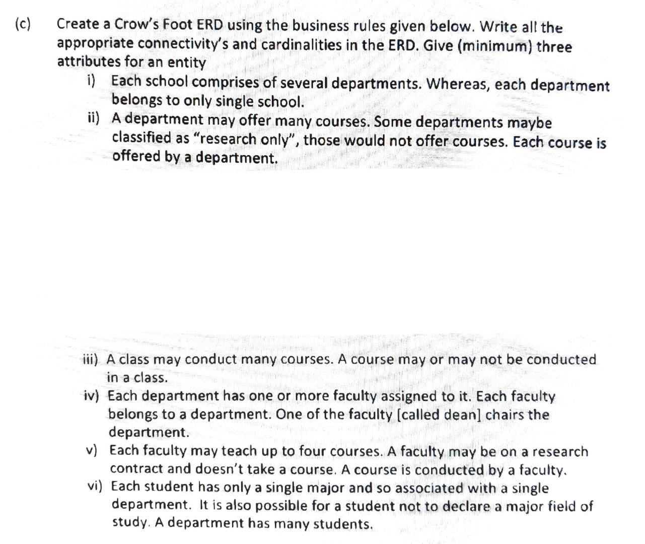 Solved (c) Create a Crow's Foot ERD using the business rules | Chegg.com