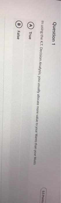 Solved Question 1 In using the K.T. Decision Analysis, you | Chegg.com