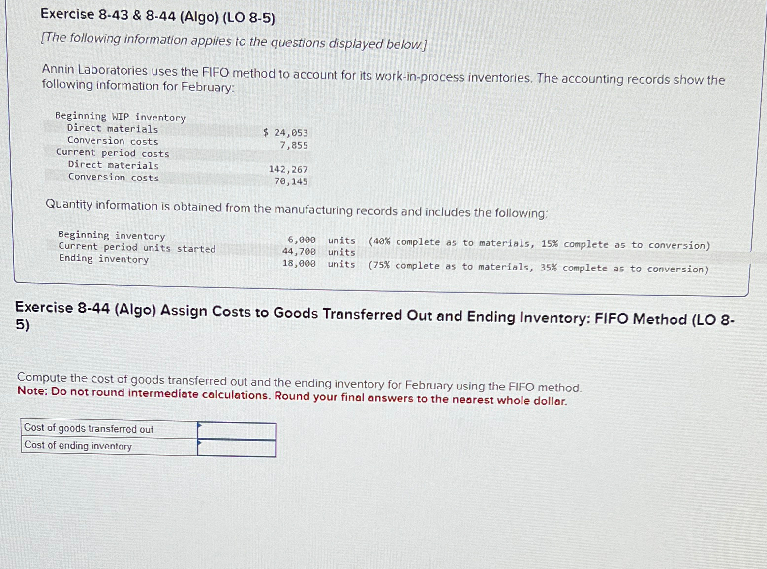 Solved Exercise 8-43 ﻿& 8-44 (Algo) (LO 8-5)[The following | Chegg.com