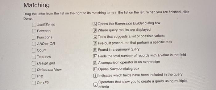 Solved Matching Drag the letter from the list on the right | Chegg.com
