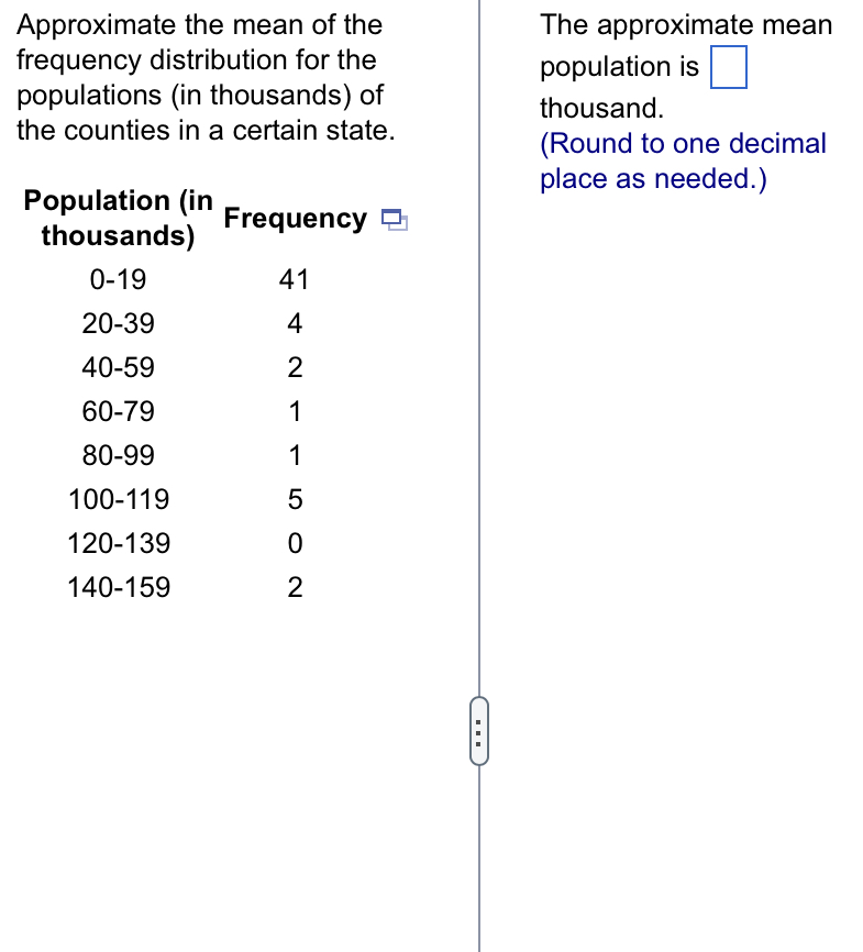 Solved The approximate mean population is thousand.(Round to | Chegg.com