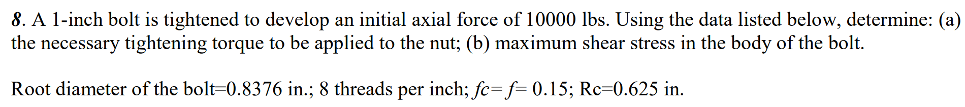 Solved A 1-inch bolt is tightened to develop an initial | Chegg.com