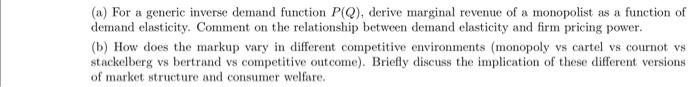 Solved (a) For a generic inverse demand function P(Q), | Chegg.com