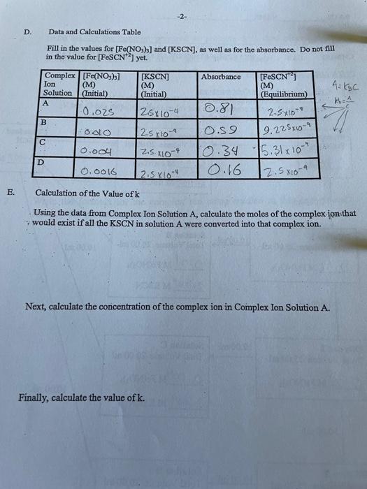 Solved D. Data and Calculations Table Fill in the values for | Chegg.com
