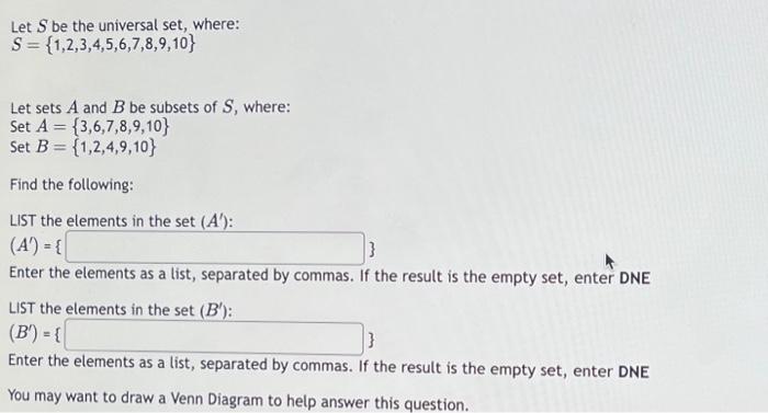 Solved Let S be the universal set, where: | Chegg.com