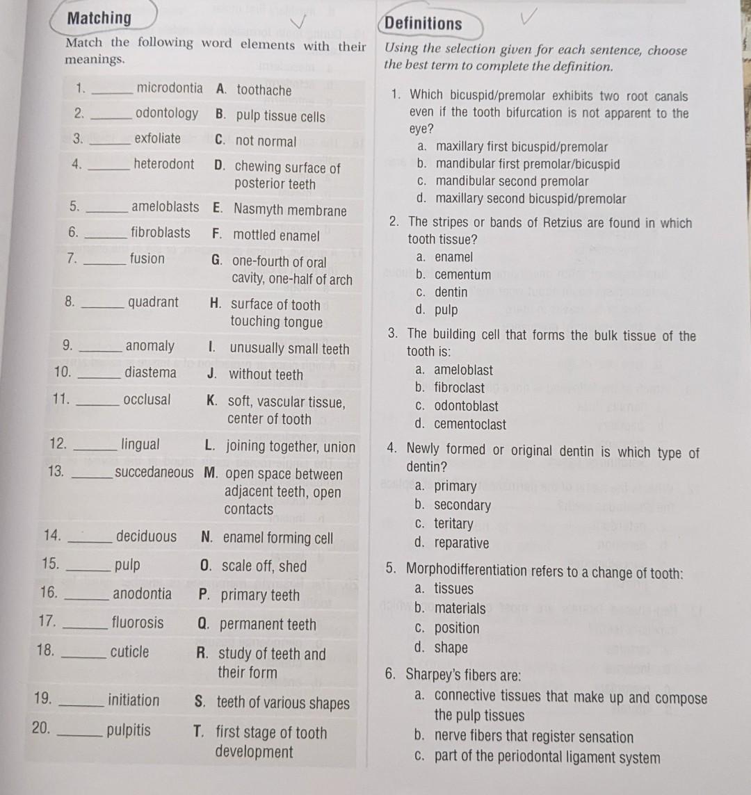 Matching Definitions Match the following word | Chegg.com
