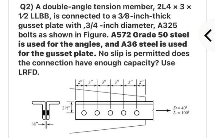 Solved Q2) A double-angle tension member, 2L4 x 3 x V2 LLBB, | Chegg.com