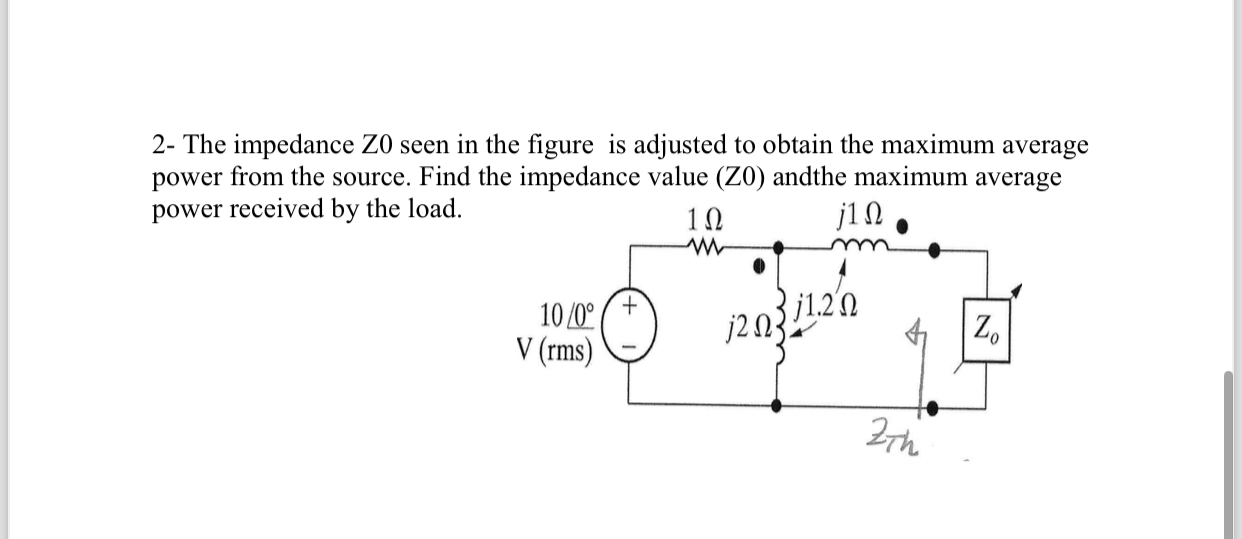 Solved 2- ﻿The impedance Z0 ﻿seen in the figure is adjusted | Chegg.com