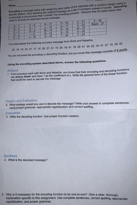 Solved Name: Encoding a message starts with assigning each | Chegg.com