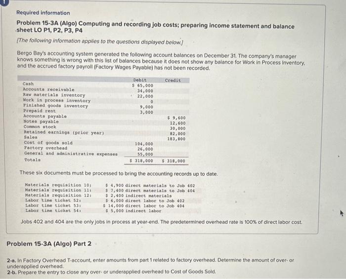 Solved Problem 15-3A (Algo) Computing and recording job | Chegg.com