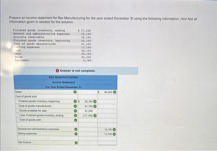 Solved Prepare an income statement for Rex Manufacturing for | Chegg.com