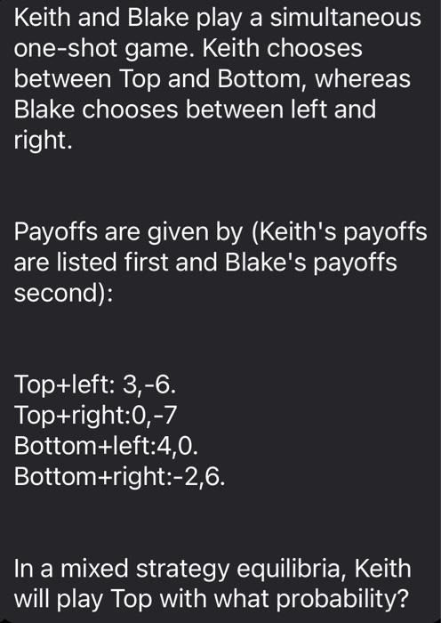 Solved Keith and Blake play a simultaneous one-shot game. | Chegg.com
