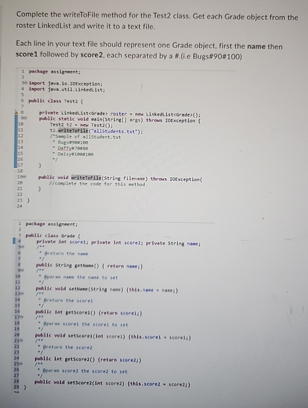 Complete the writeToFile method for the Test 2 | Chegg.com