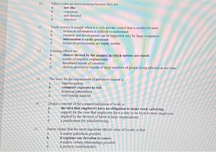 Solved 10. Ethics codes are heteronomous because they are a. | Chegg.com