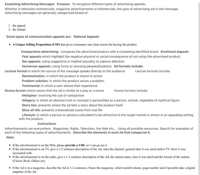 Examining Advertising Messages Purpose: To recognize | Chegg.com