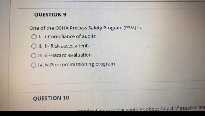 Solved QUESTION 9 One of the OSHA Process Safety Program | Chegg.com