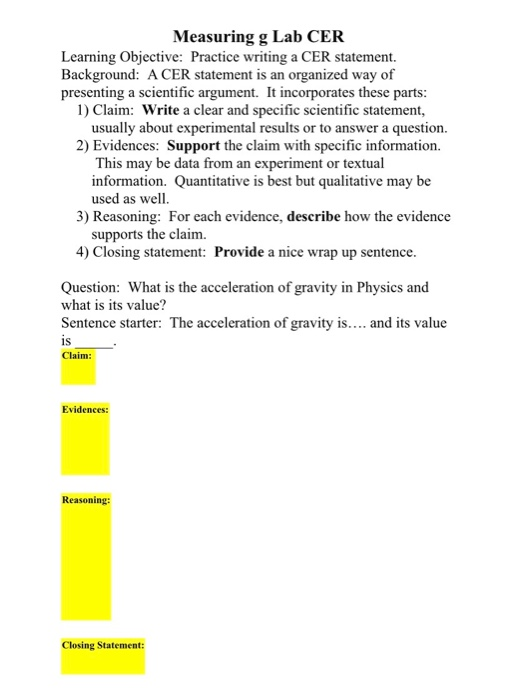 Solved Measuring g Lab CER Learning Objective: Practice | Chegg.com
