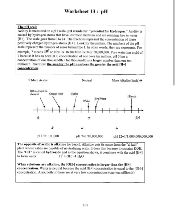 Solved Worksheet 13: pH The pH scale Acidity is measured on | Chegg.com