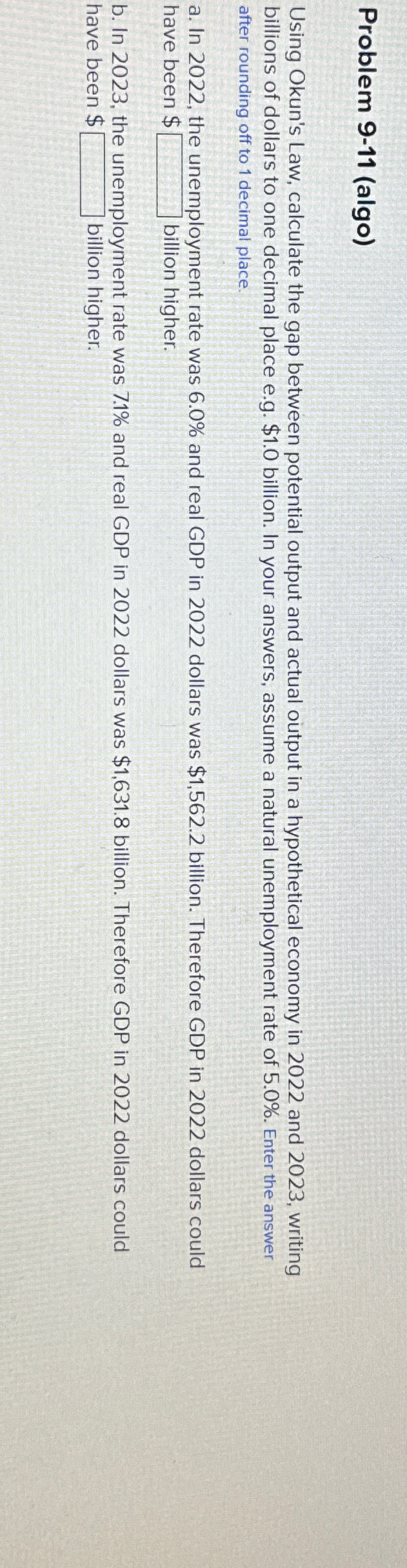 Solved Problem 9-11 (algo)Using Okun's Law, calculate the | Chegg.com
