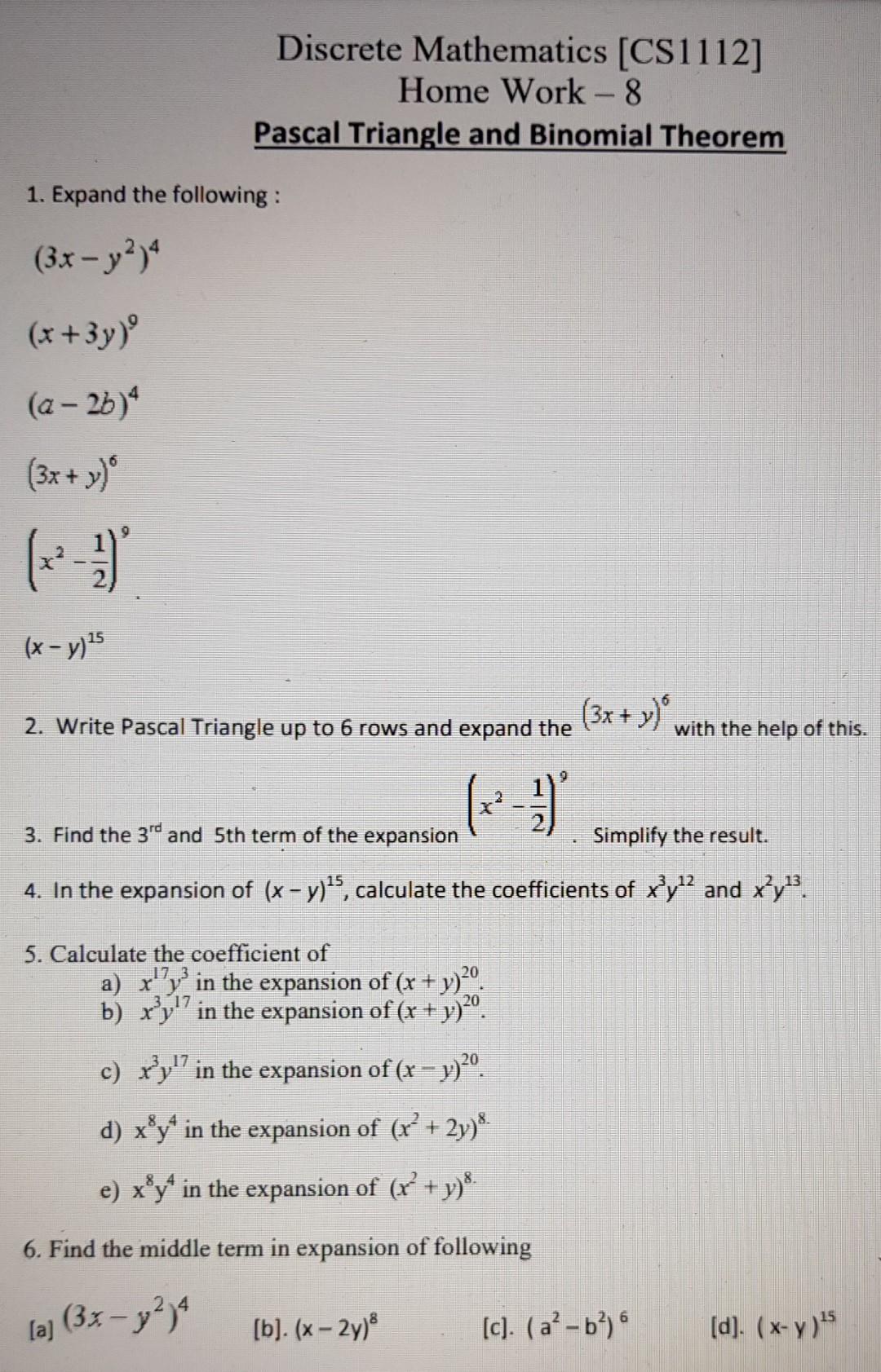 Solved Discrete Mathematics (CS1112] Home Work - 8 Pascal | Chegg.com