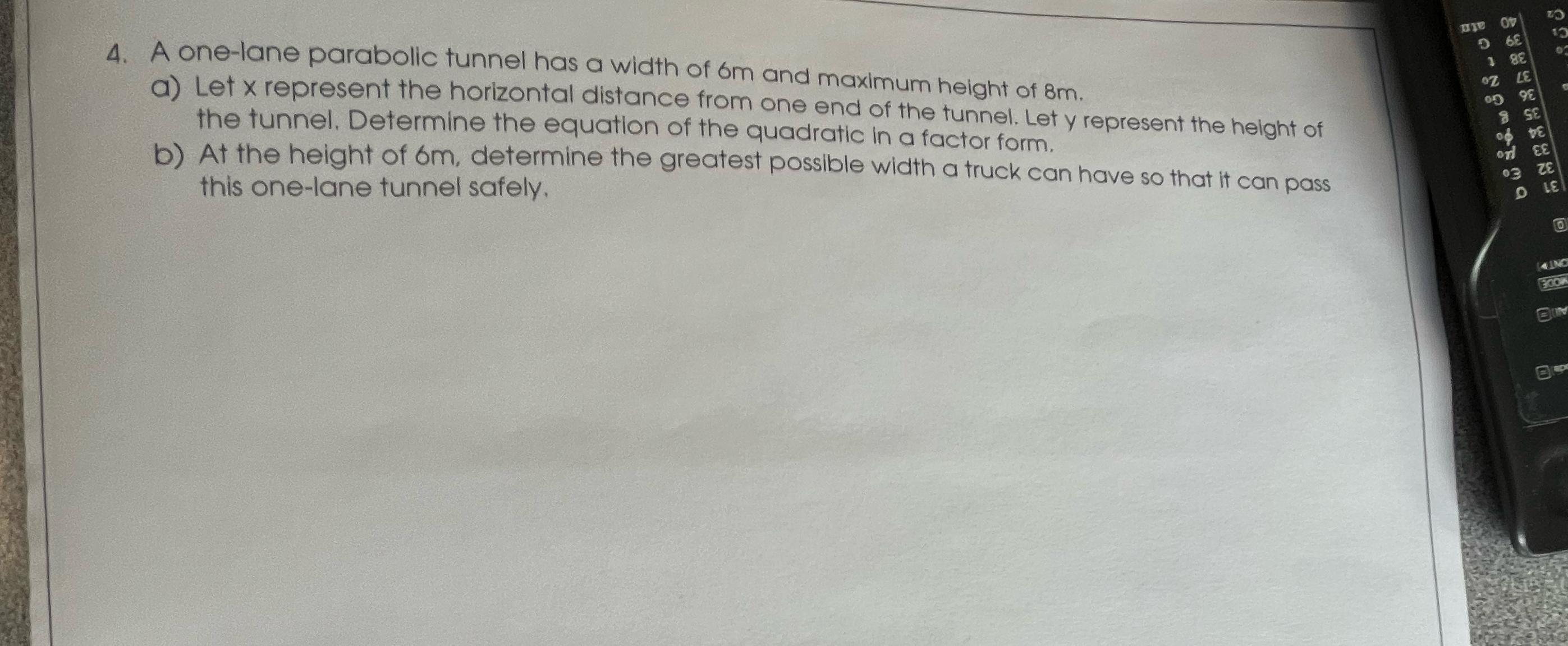 Solved A one-lane parabolic tunnel has a width of 6m ﻿and | Chegg.com
