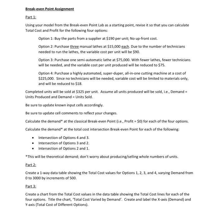 Solved Break-even Point Assignment (Excel)Part 1:Using your | Chegg.com