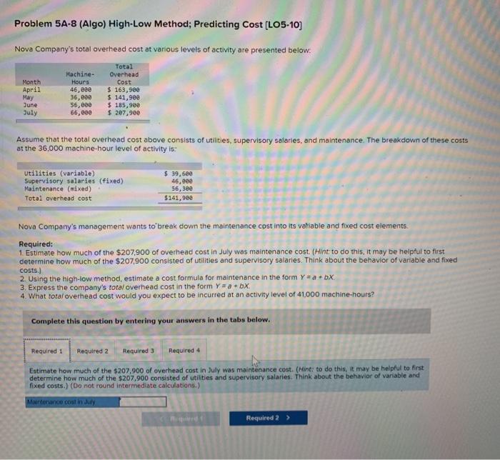Solved Problem 5A-8 (Algo) High-Low Method; Predicting Cost | Chegg.com
