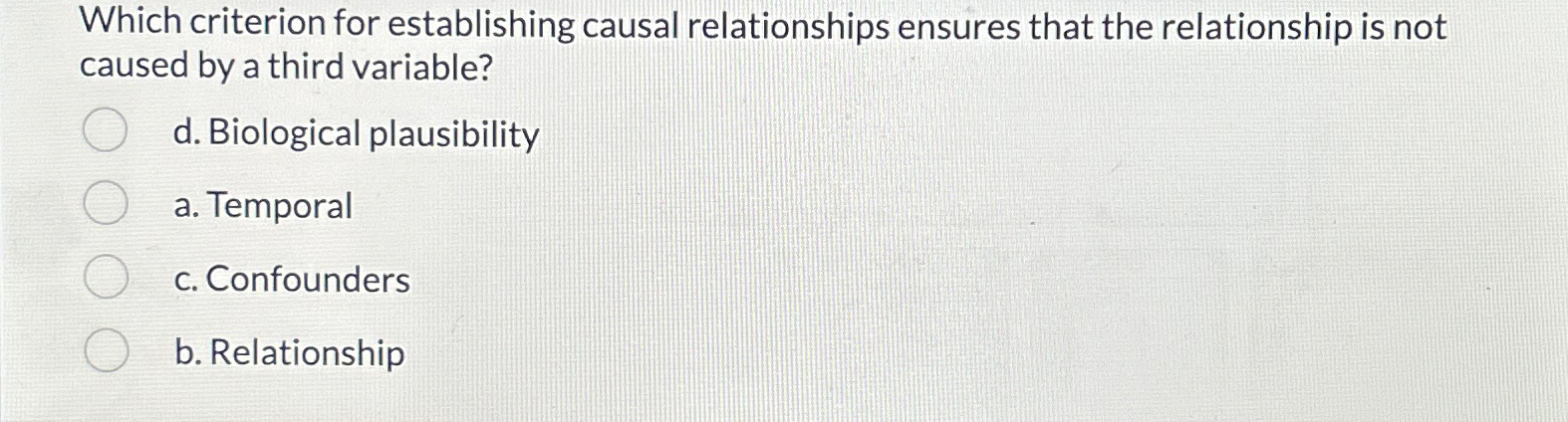Solved Which criterion for establishing causal relationships | Chegg.com