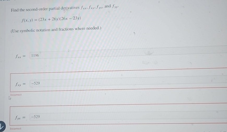 Solved Find the second-order partial derivatives f×,fxy,fyx, | Chegg.com
