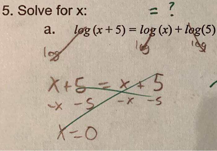 Solved 5. Solve for : ? a. log(x + 5) = log(x) + log(5) log | Chegg.com