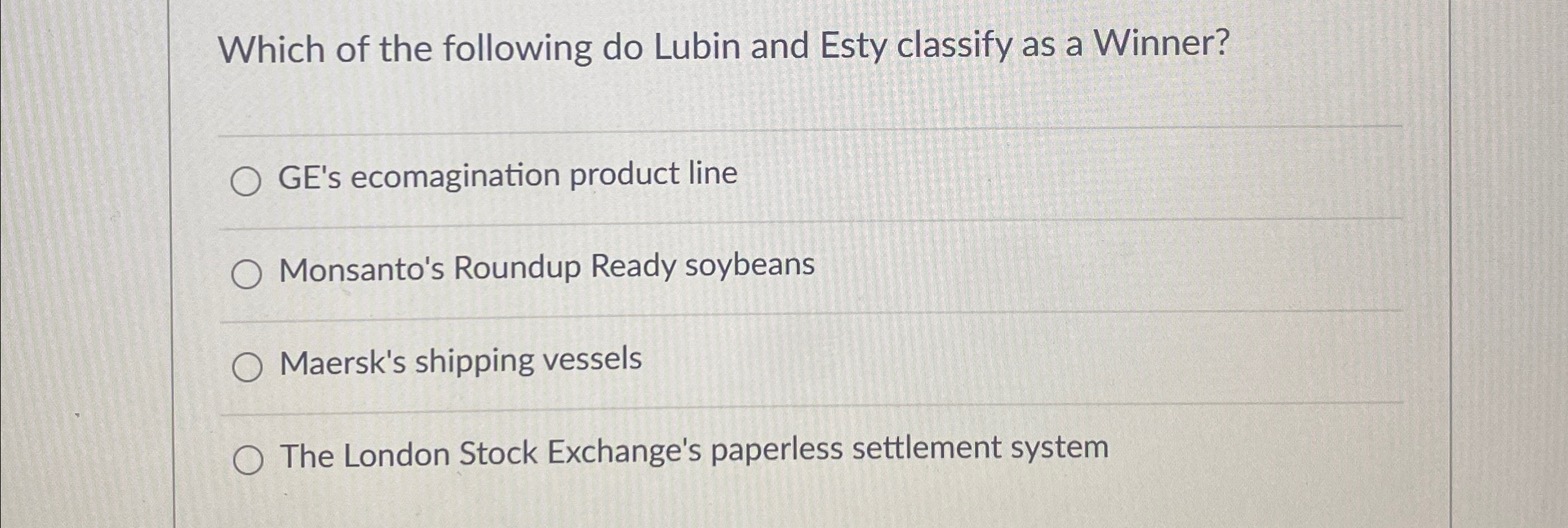 Solved Which of the following do Lubin and Esty classify as | Chegg.com