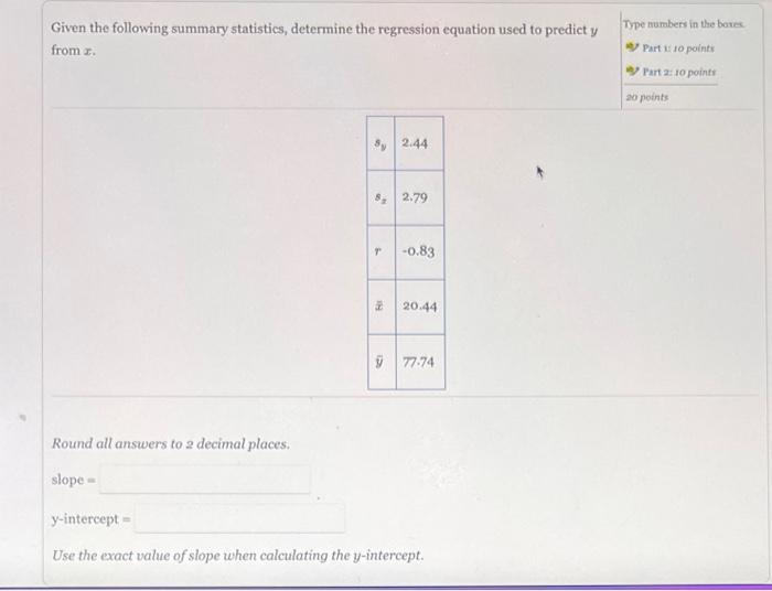 Solved Given the following summary statistics, determine the | Chegg.com