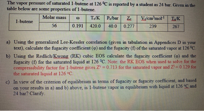 Solved The vapor pressure of saturated 1-butene at 126 °C is | Chegg.com