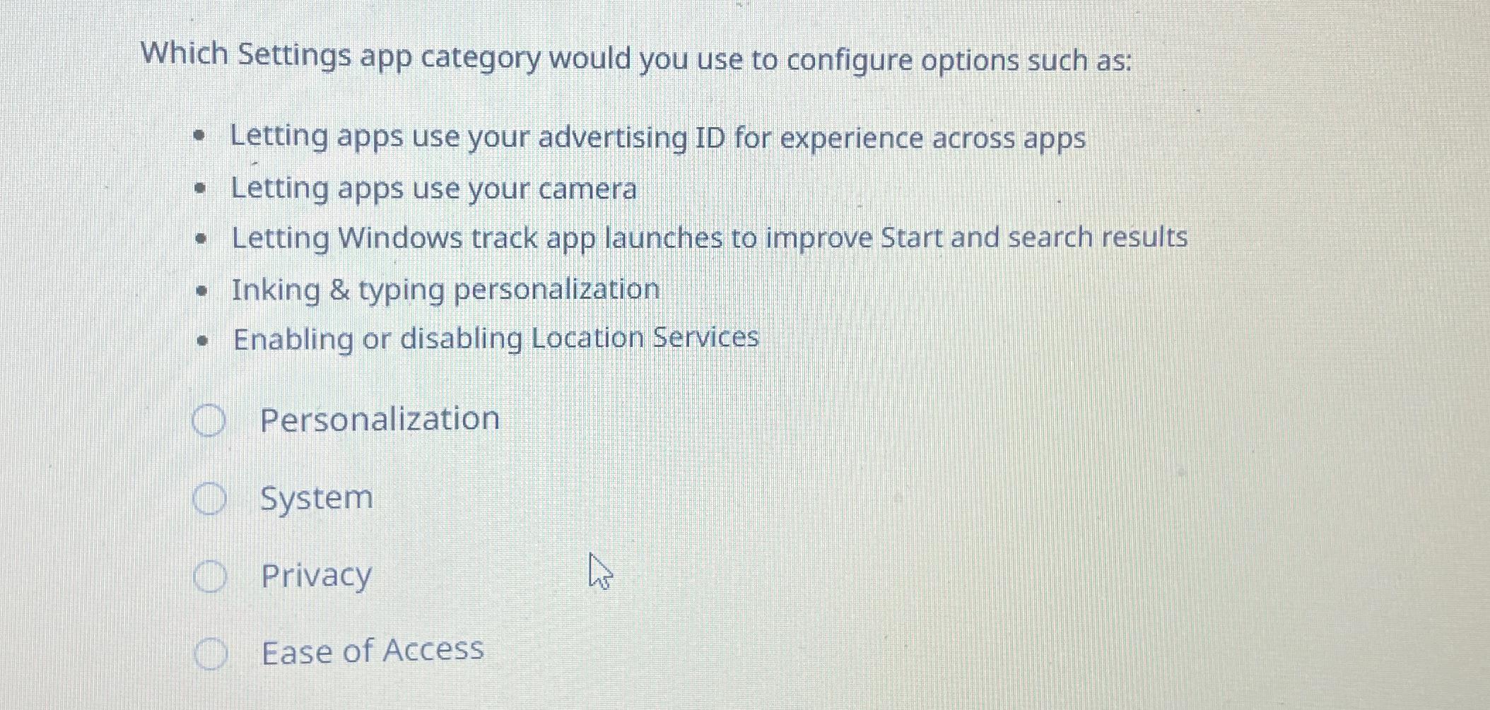Solved Which Settings app category would you use to | Chegg.com