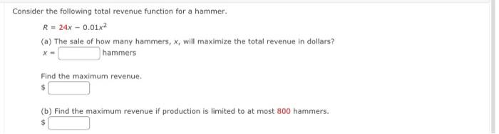 Solved Consider the following total revenue function for a | Chegg.com